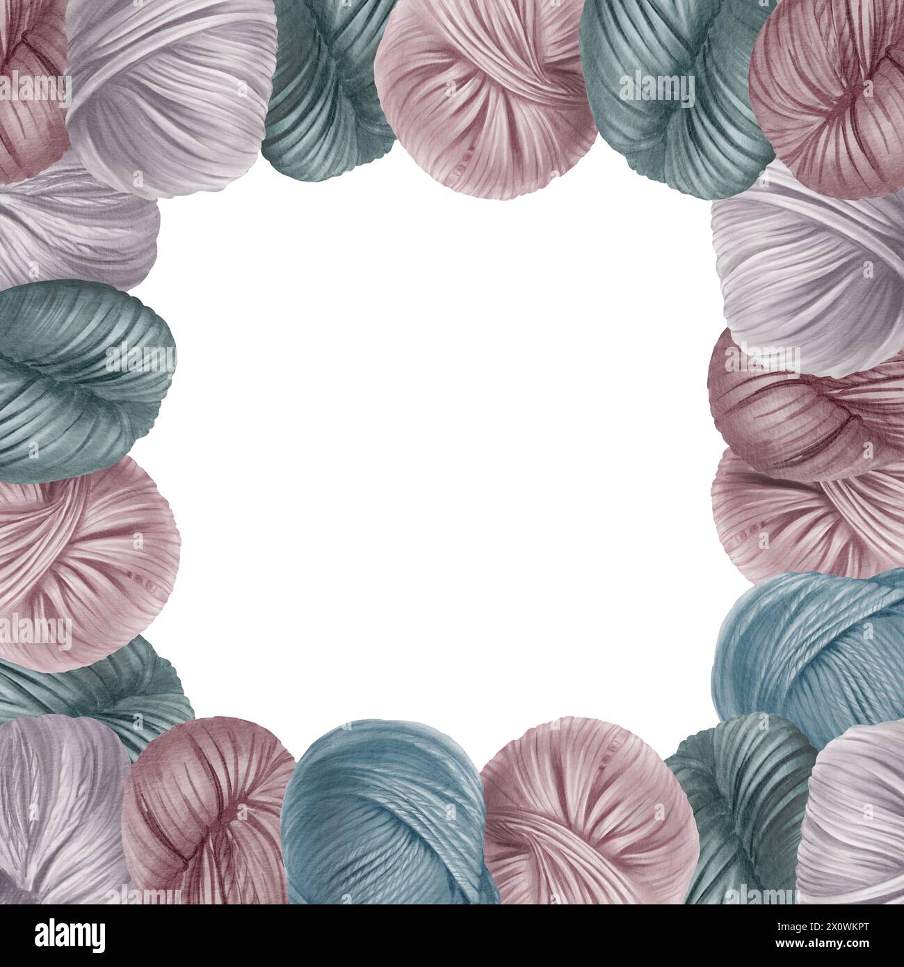 Skeins of yarn for knitting in a square frame composition.Watercolor ...