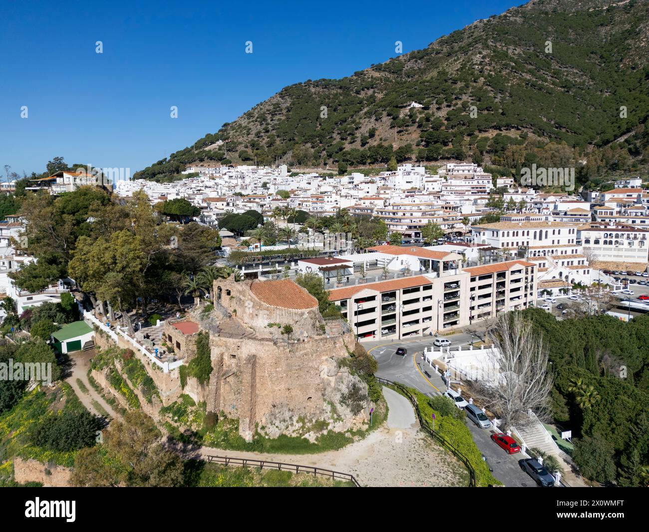 aerial view of the beautiful Mediterranean village of Mijas on the ...