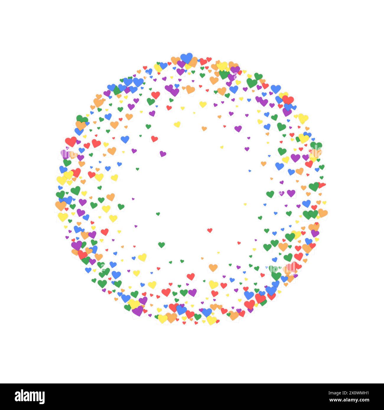 Heart confetti valentine overlay. Rainbow colored scattered hearts. LGBT valentine card. Joyfull ...