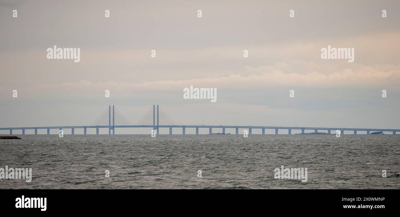 This striking stock image captures the iconic Øresund Bridge as it ...