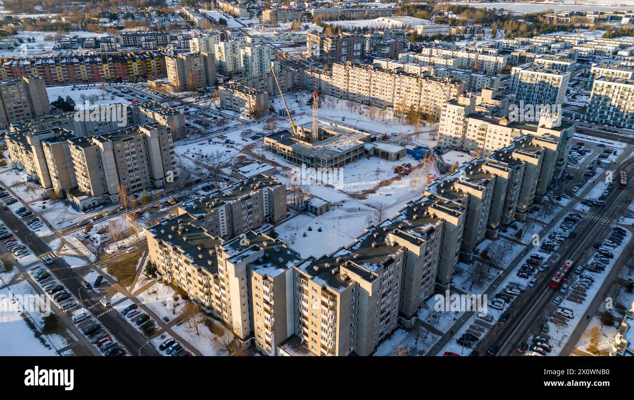 Drone photography of new kindergarten being built between old apartment ...