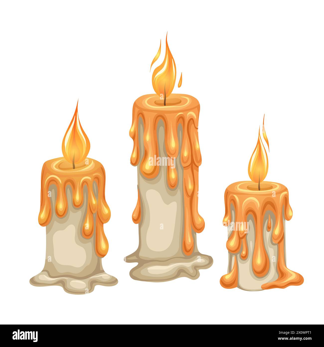 Vector set of cartoon white wax candles with lights. Religion and faith ...