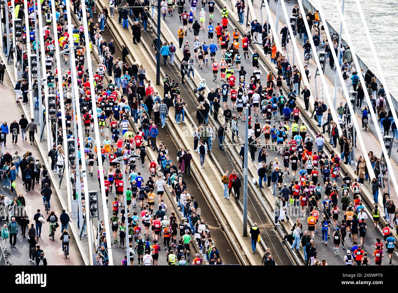 ROTTERDAM - Marathon runners on the Erasmus Bridge seen from a high ...