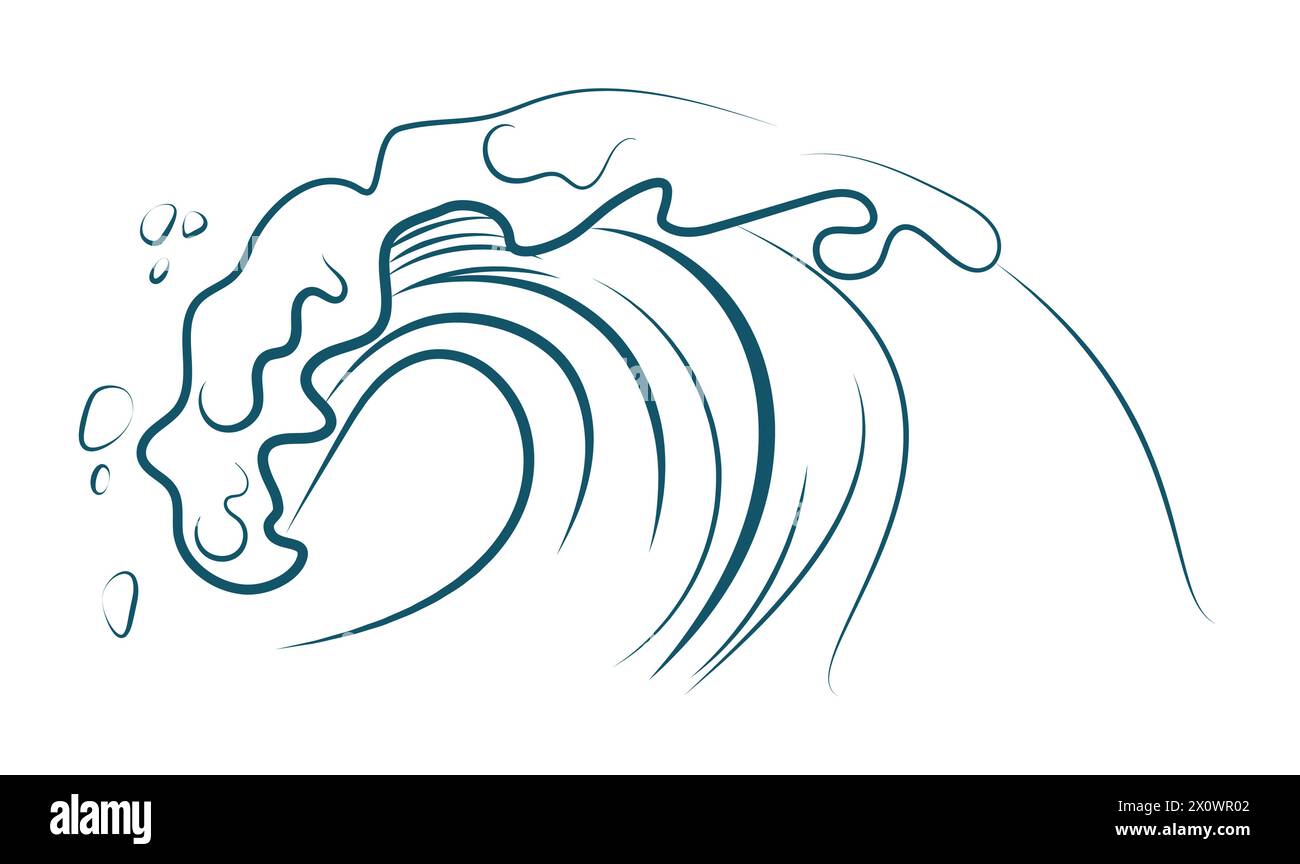 Sea or ocean wave line sketch, curve splash with water bubbles vector ...