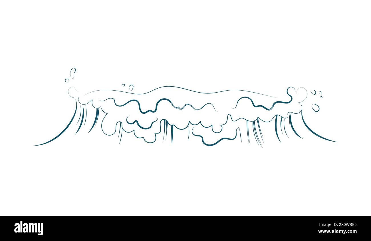 Sea or ocean storm wave line sketch, front view of tsunami tide vector ...