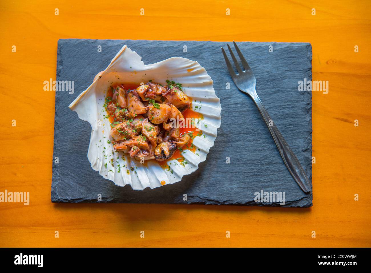 Spanish tapa: Galician octopus served in a shell Stock Photo - Alamy