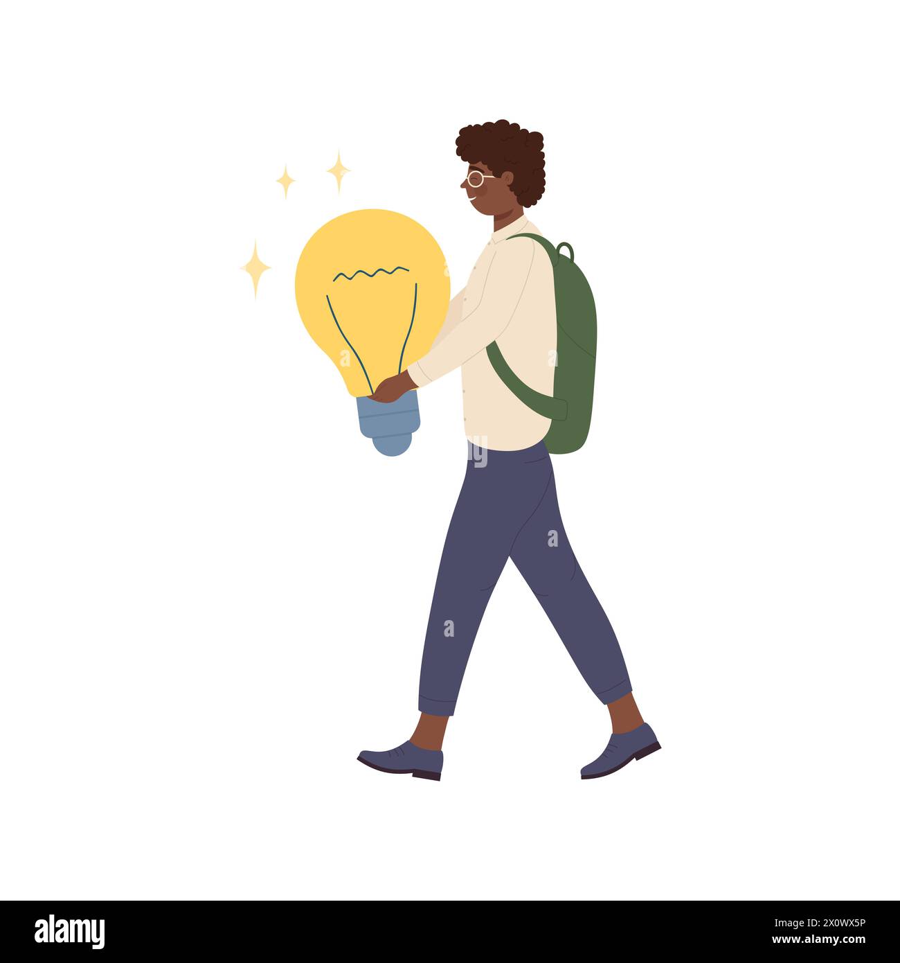 Smart student walking, carrying bright light bulb, find creative idea ...