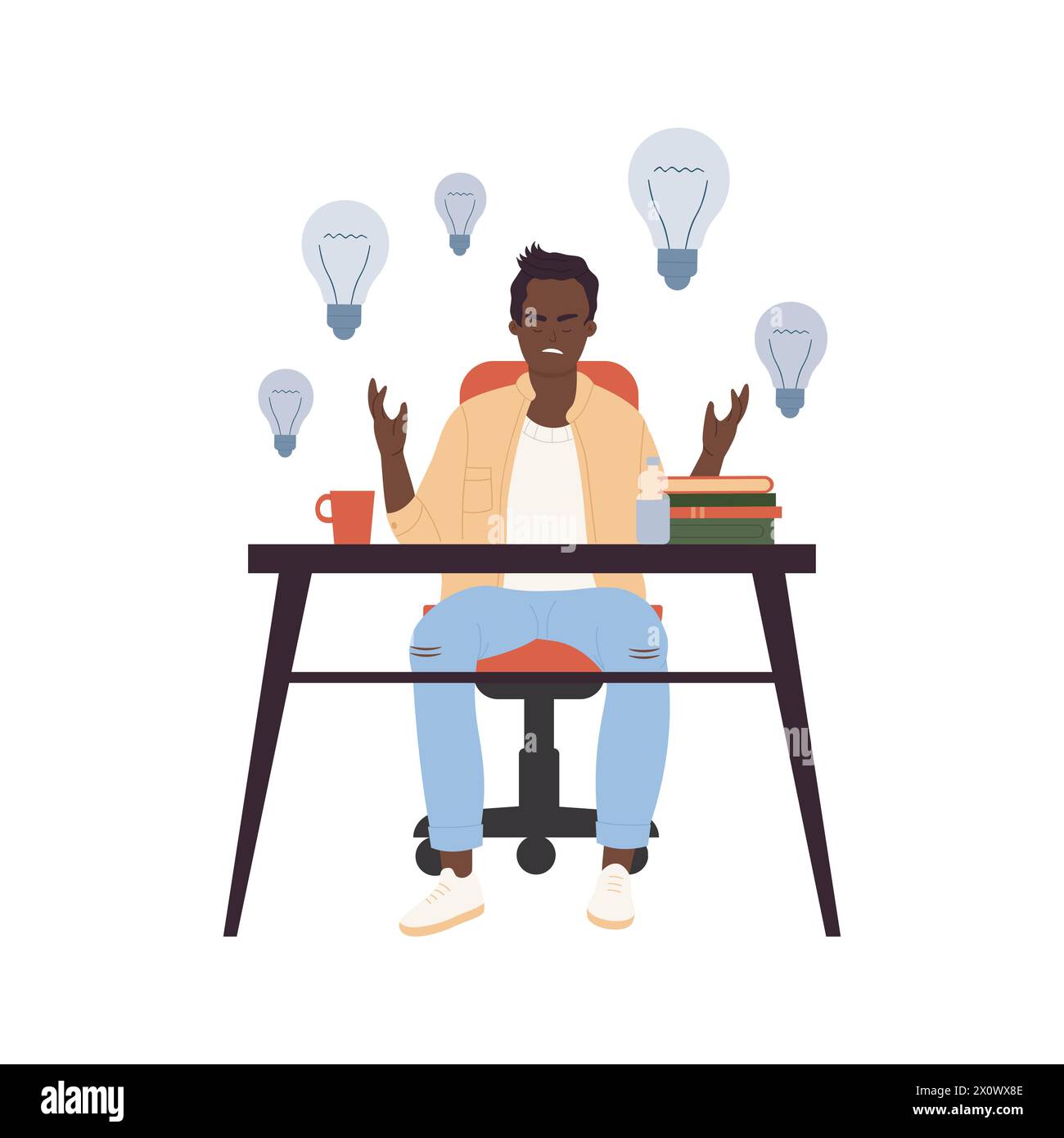 Angry man sitting at table with no ideas, dark light bulbs above head ...