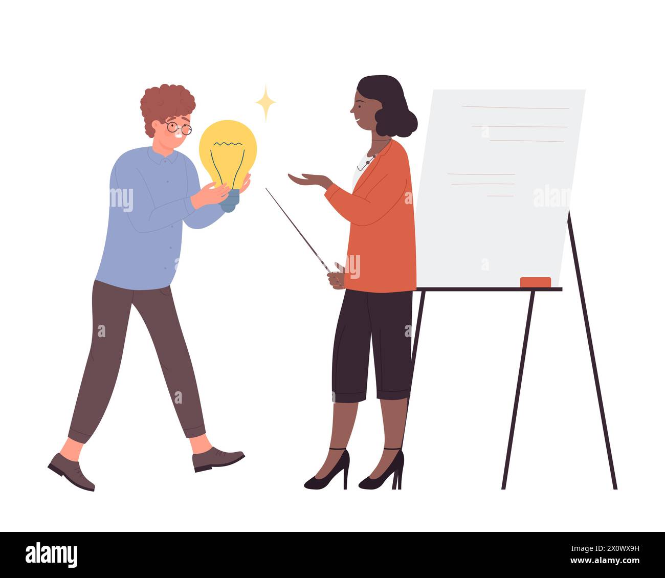 Smart boy carrying light bulb to teacher at board, student creative ...