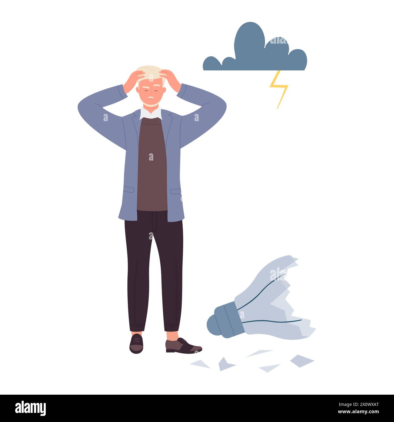 Elderly sad man upset because of broken light bulb and bad idea vector ...