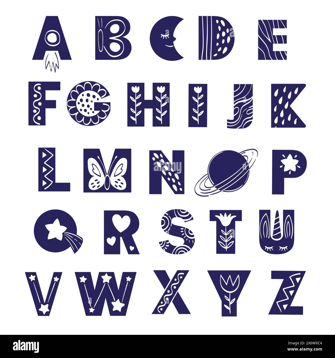 English capital letters. Black and white alphabet for kids. Doodle font ...