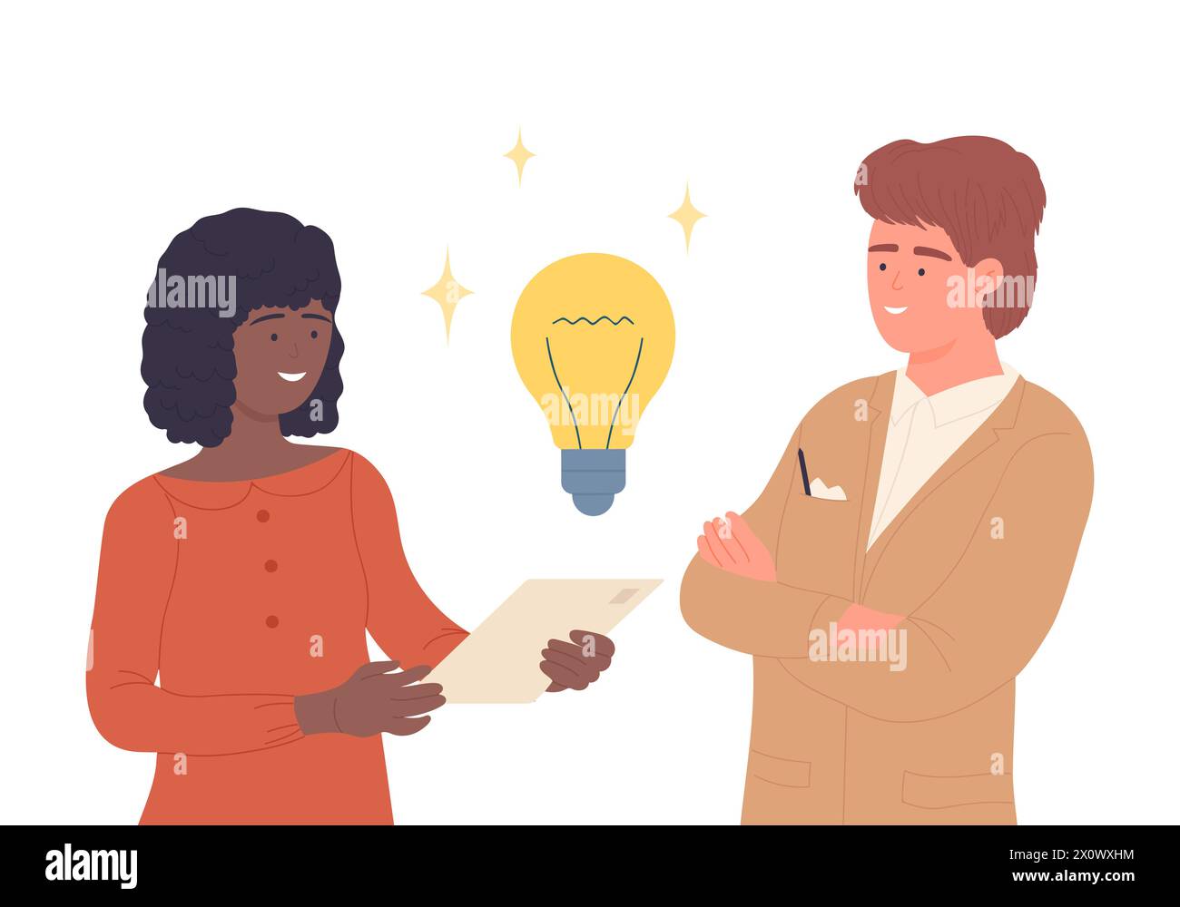 Employees with creative idea, woman and man with document and bright ...