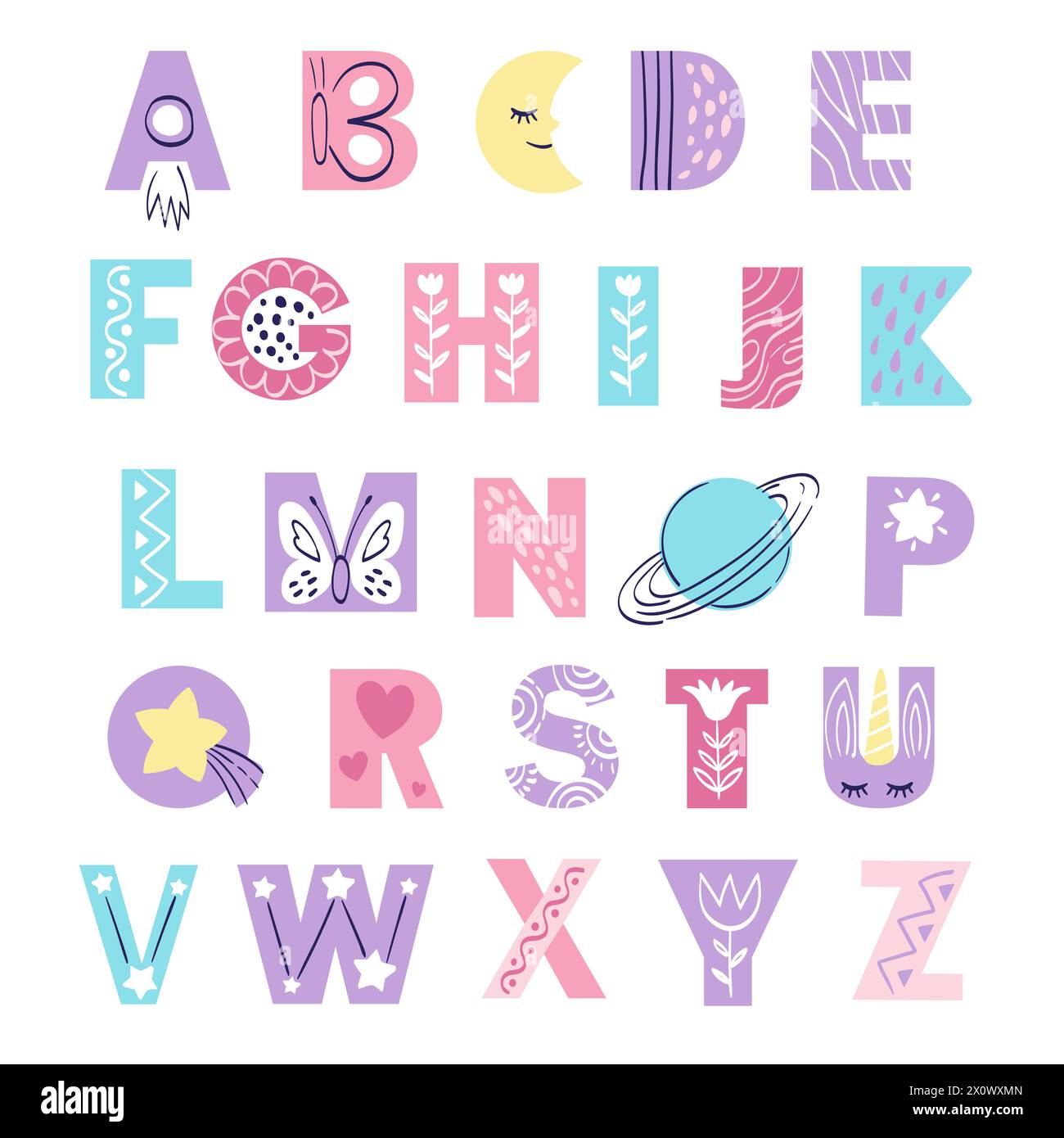 English alphabet of Pastel colors for kids. Doodle font for nursery ...