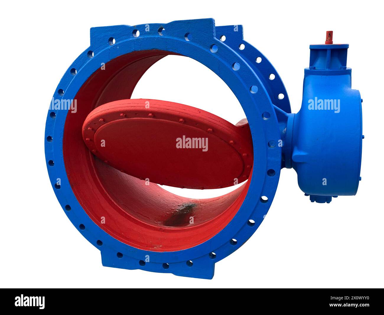 Total view of a blue pipe flap from the pipe network construction in ...