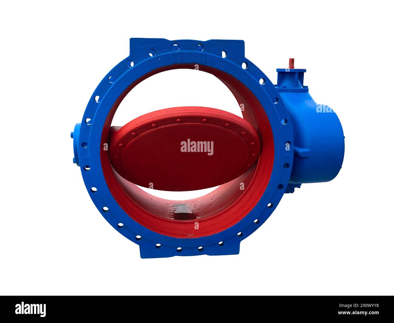 Frontal view of a blue pipe flap from the pipe network construction in ...