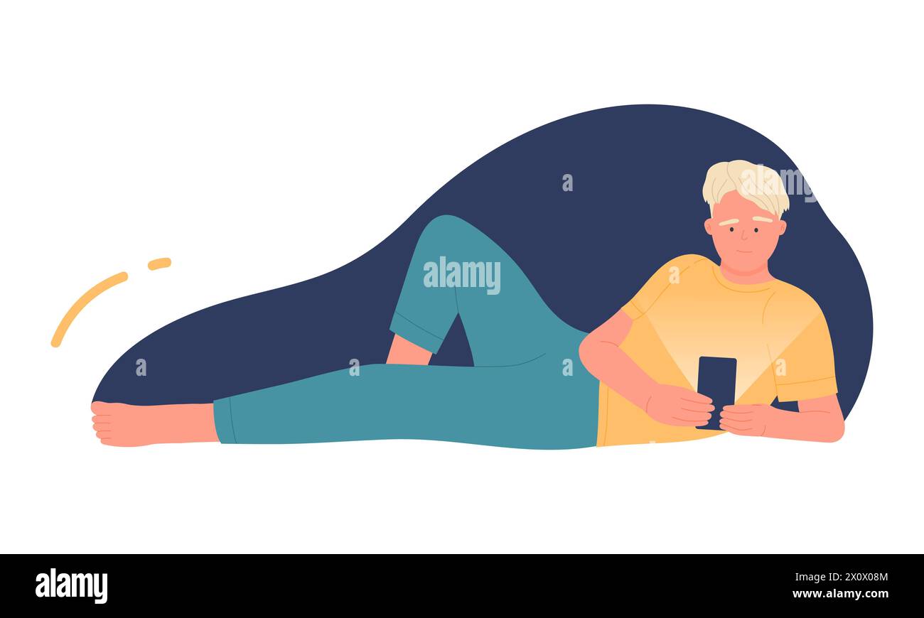 Boy lying with mobile phone at night to read social media feed, play ...