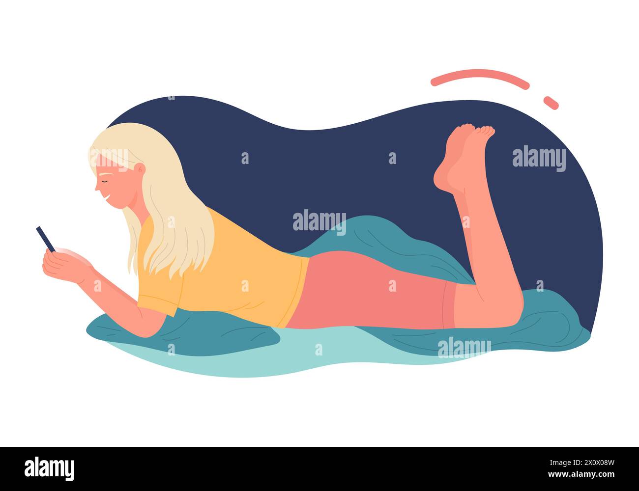 Happy girl lying in bed at night, holding phone to read social media ...