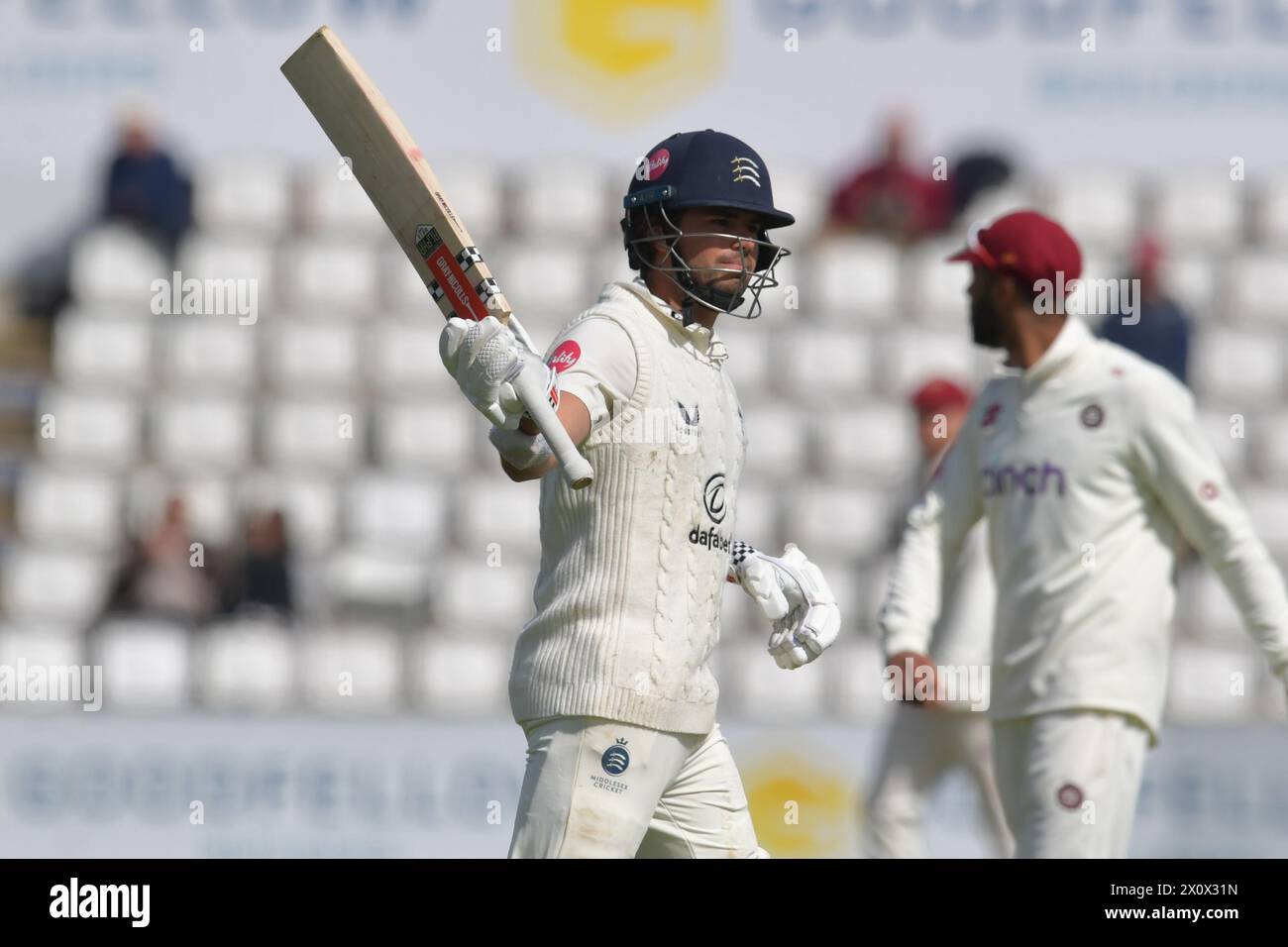Northampton, England. 14th Apr 2024. Max Holden of Middlesex reaches a ...