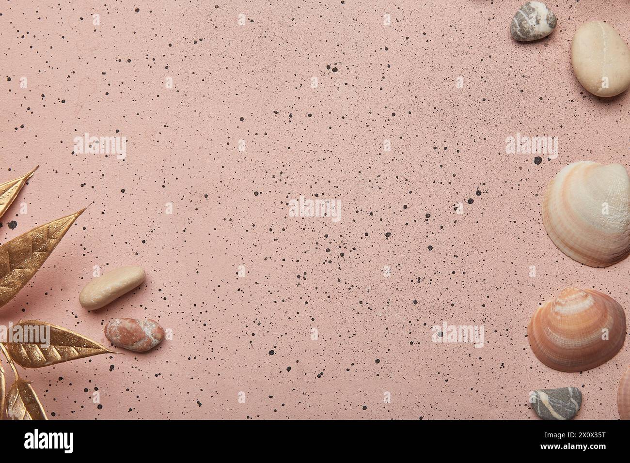 Elegant summer background with golden foliage and shells, copy space ...