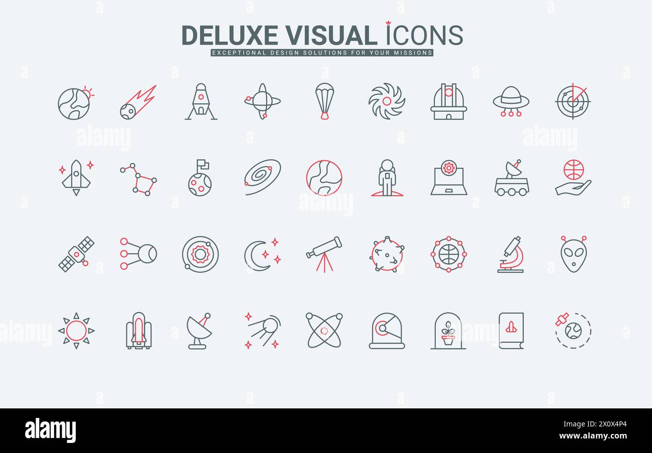 Space research, astronomy thin black and red line icons set vector ...