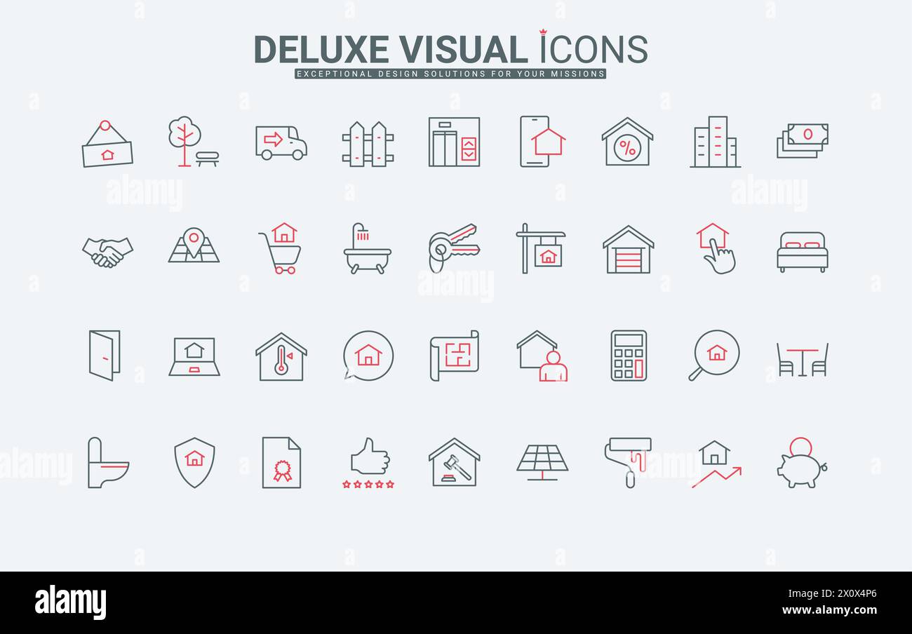 Real estate, office and home apartment, garage property line icons set ...