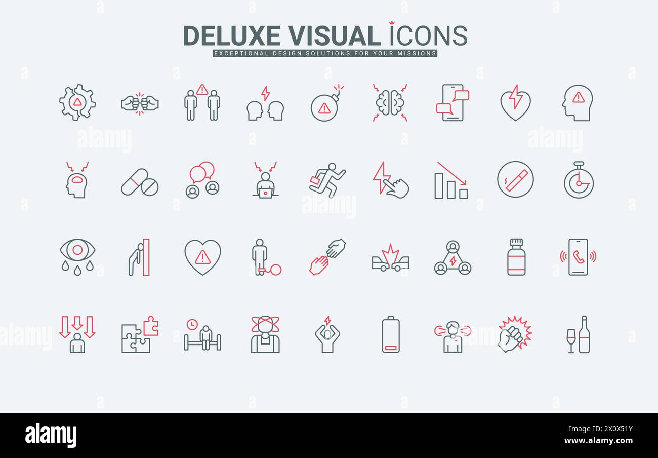 Causes and factors of stress line icons set. Pressure of social media ...