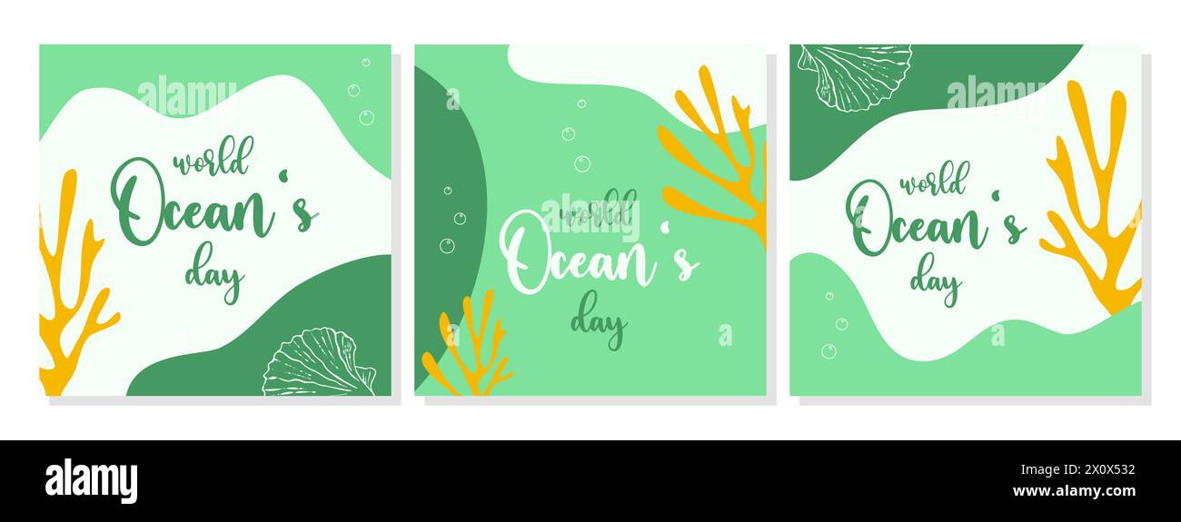 World Oceans Day poster set with seaweed, seashell coral and air ...