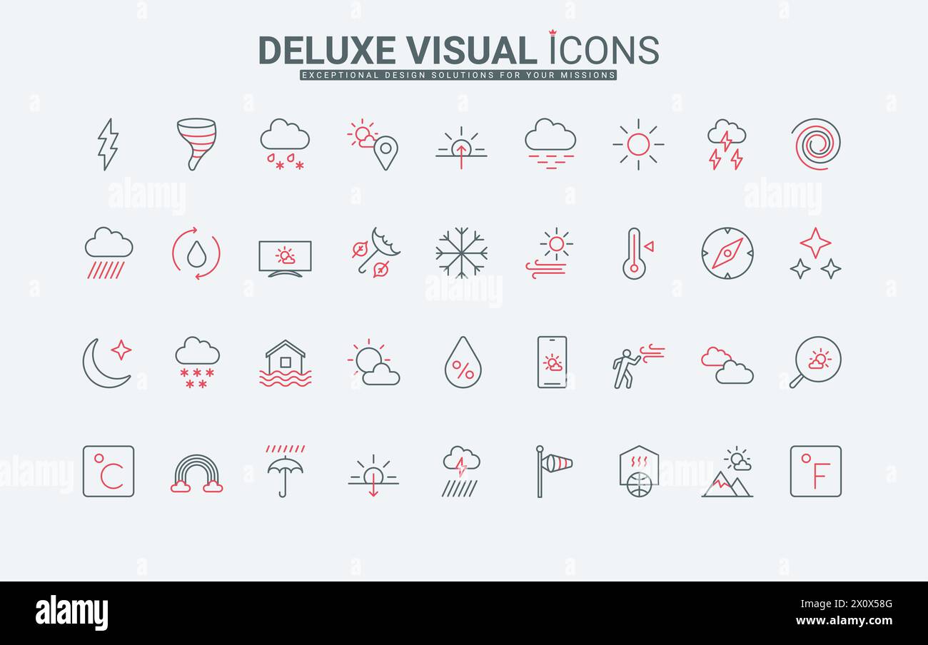 Weather forecast line icons set. Rain and clouds, snow and wind, sun ...