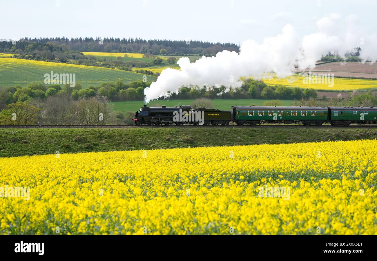 The S15 class steam locomotive 506 travels along the Mid Hants Railway ...