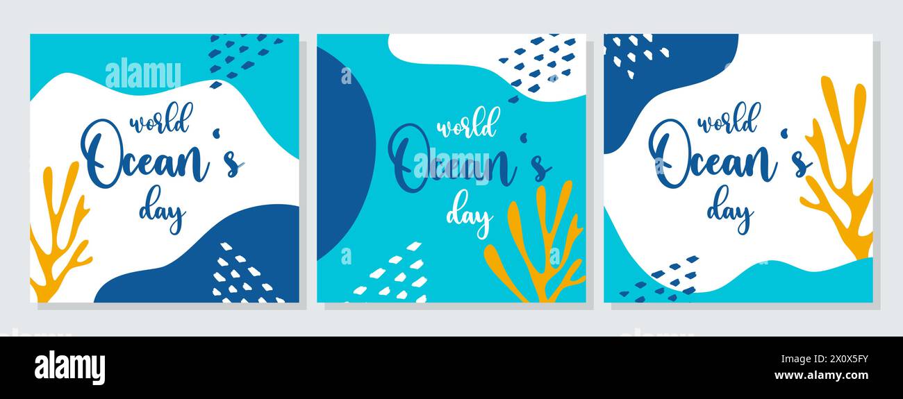 World Oceans Day blue poster set with yellow seaweed, coral. Harmonious ...