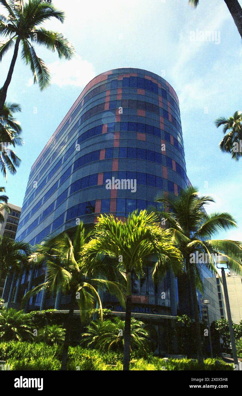 Hawaii, U.S.A., approx. 1993. Facade of a modern office in Honolulu ...