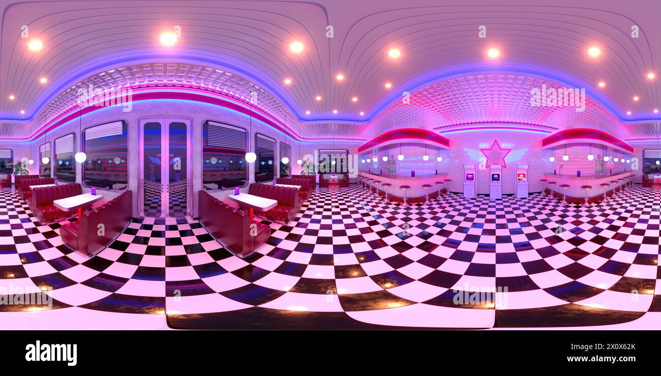 HDRI. Neon retro diner interior. Full spherical panorama 360 degrees ...