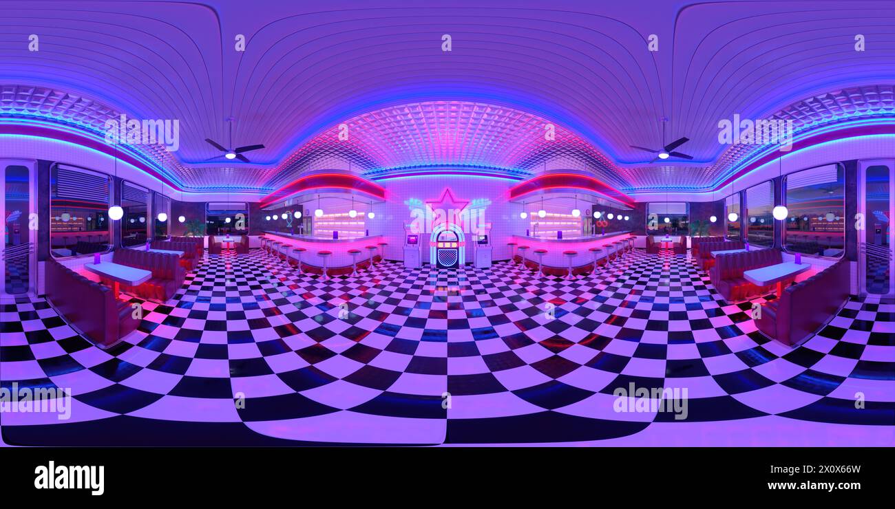 HDRI. Neon retro diner interior. Full spherical panorama 360 degrees ...