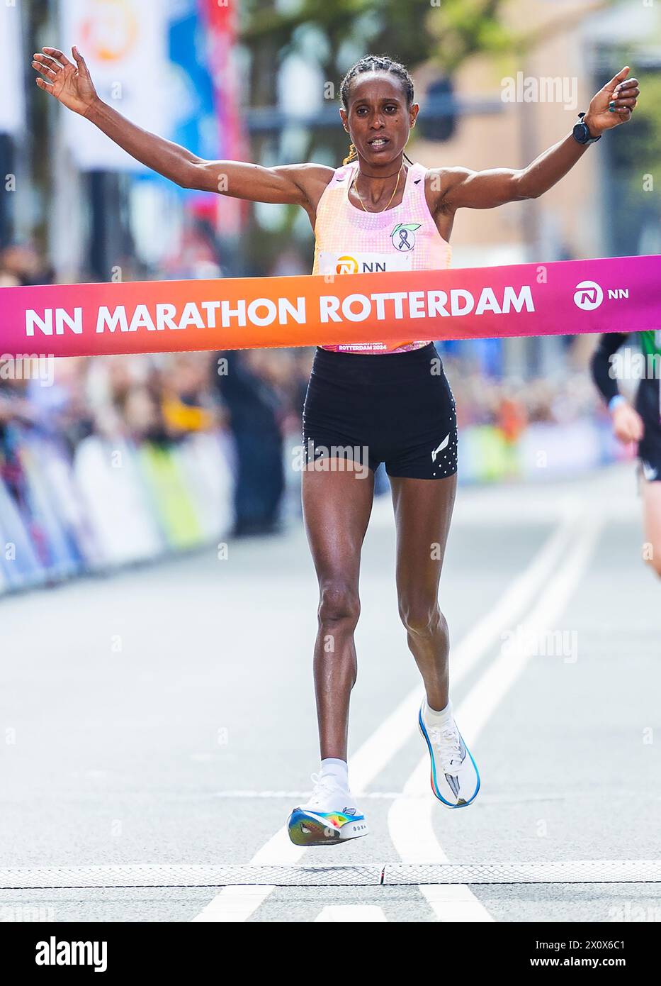 ROTTERDAM - Ashete Bekere at the finish of the 43rd edition of the NN ...