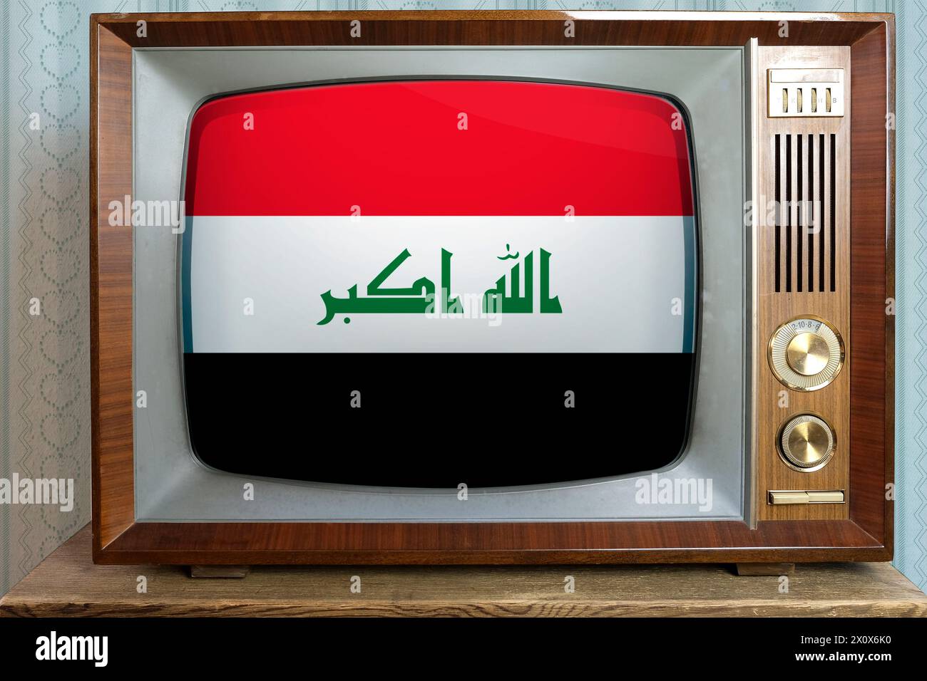 national flag Iraq on screen, stylish interior technology 60s, concept ...