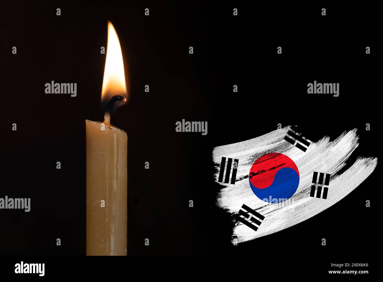 mourning candle burning front of South Korea flag, Victims of cataclysm ...
