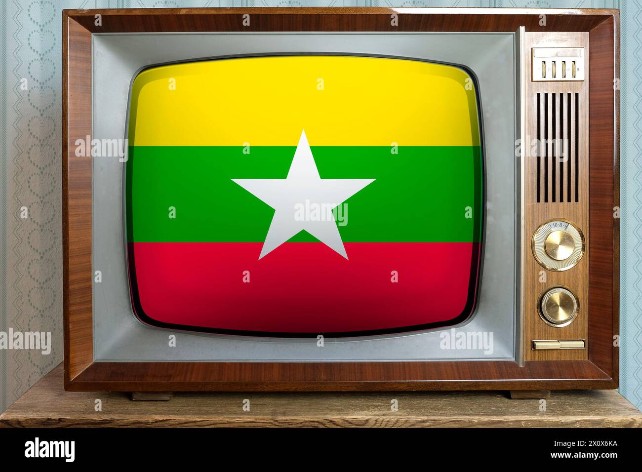 national flag Myanmar on screen, stylish interior technology 60s ...