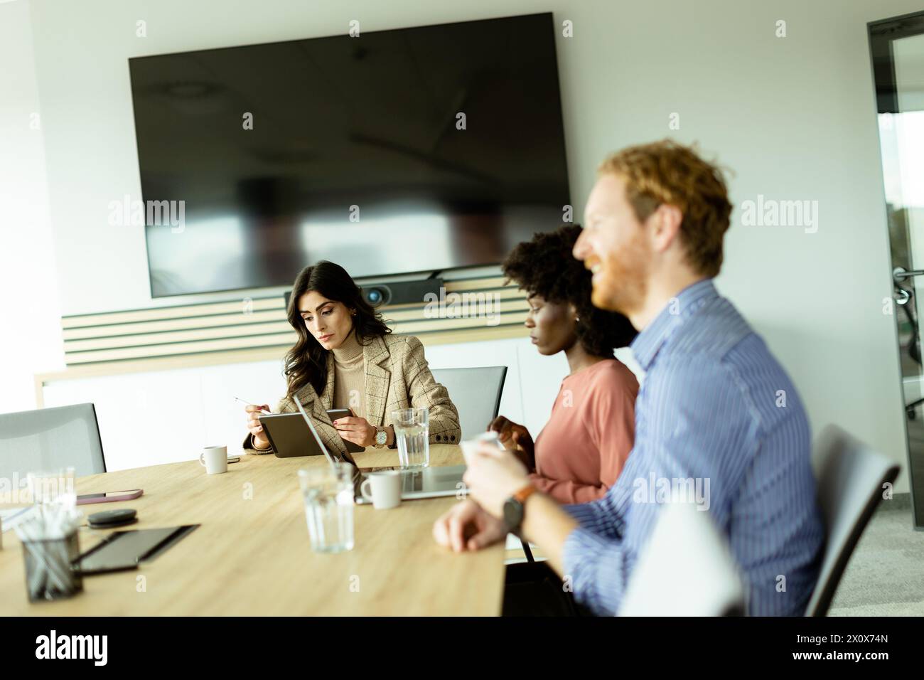 Multicultural group of professionals collaborates around a conference ...