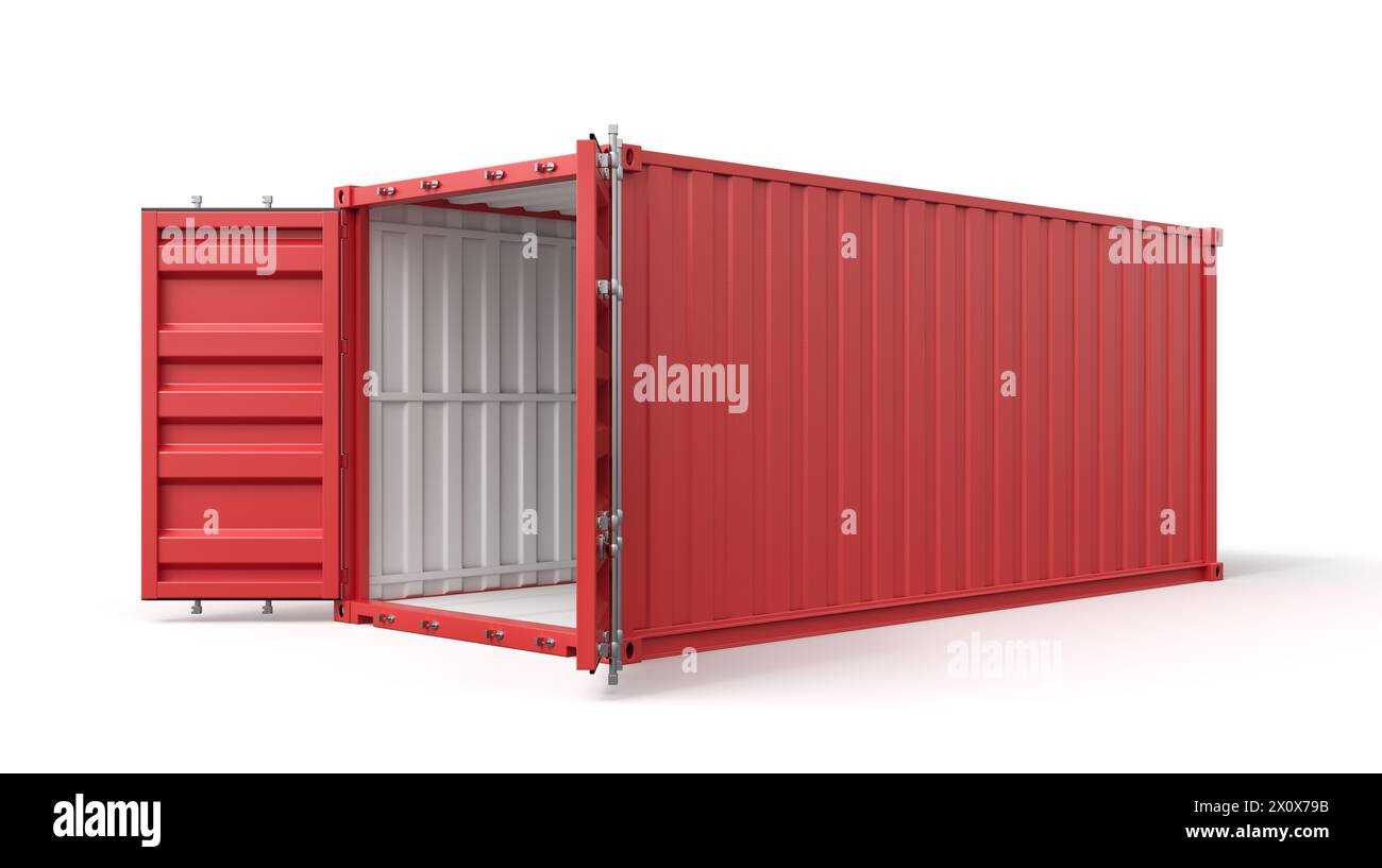 3d rendering of open empty red barge container with white insides ...