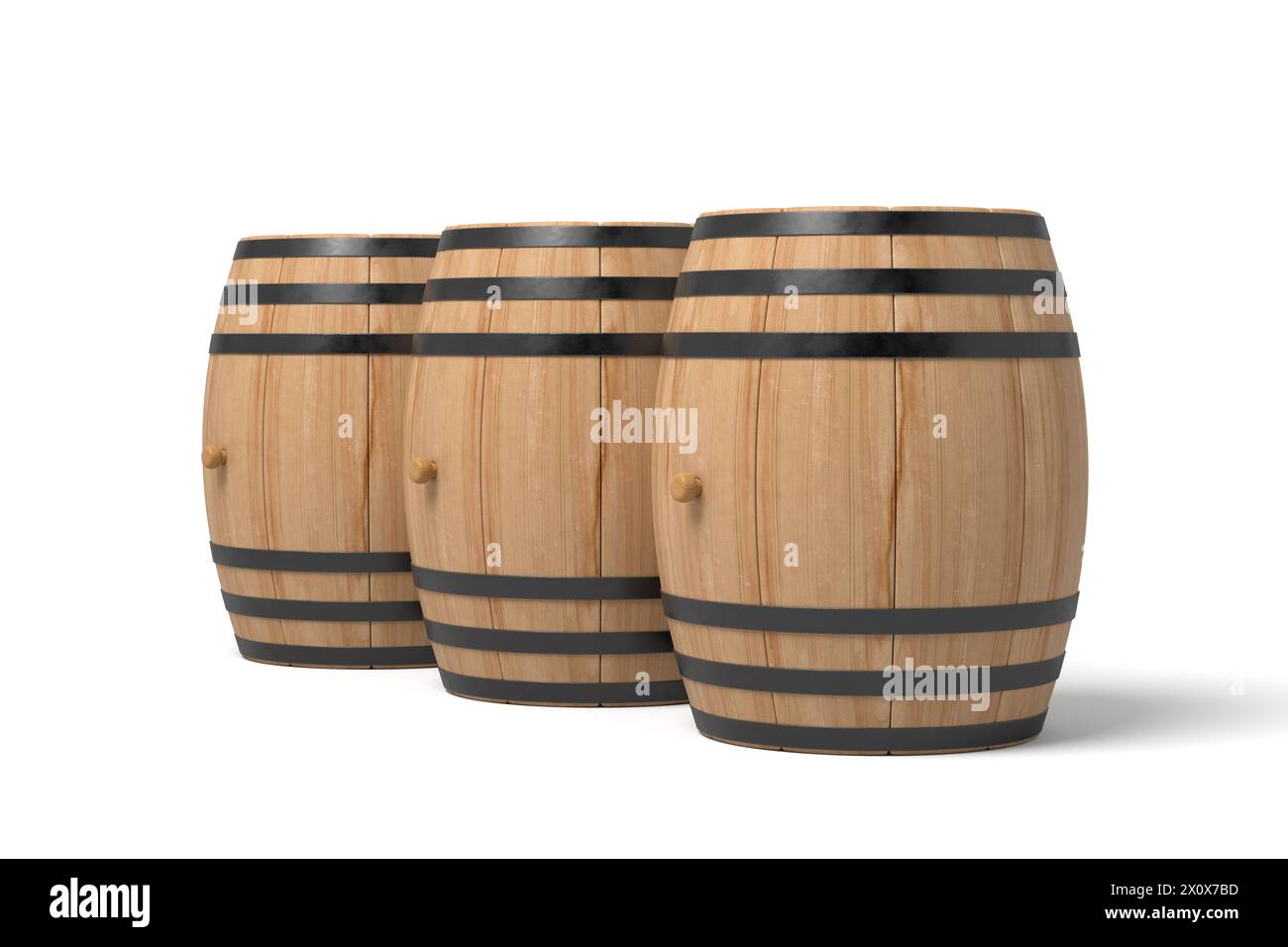 Aligned wooden barrels with front view on white background Stock Photo ...