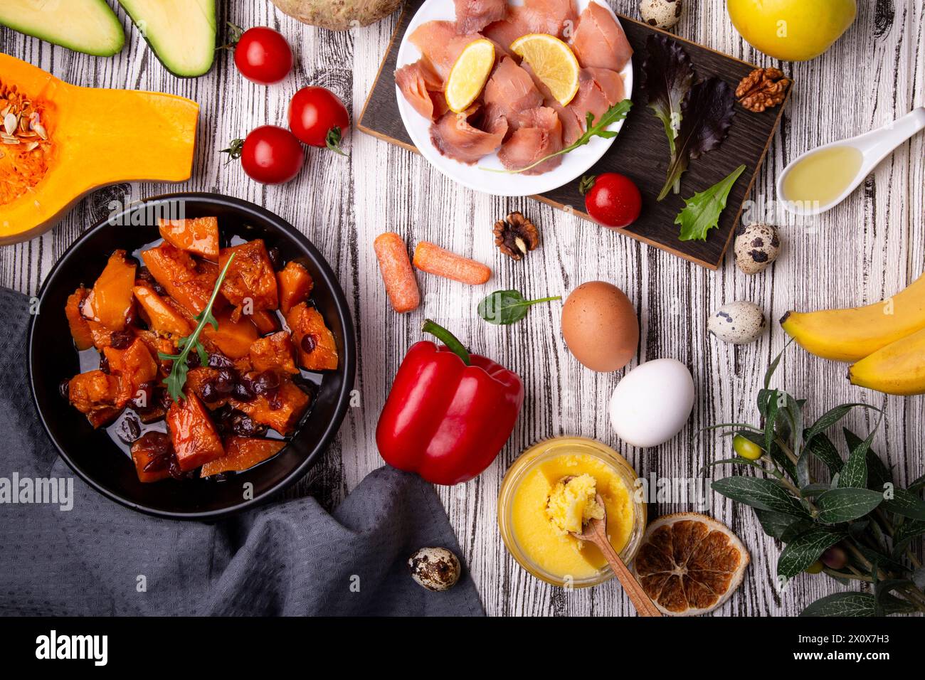 Diet and Nutrition - display of healthy food choices. Mediterranean ...