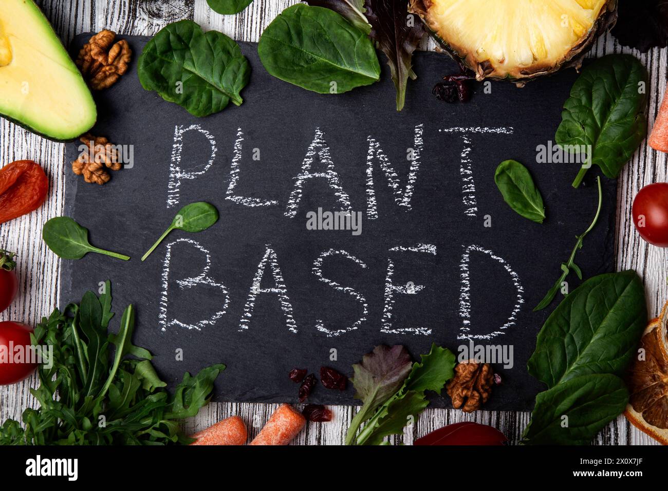 Assortment of fresh vegetables, fruits and nuts for a balanced plant ...