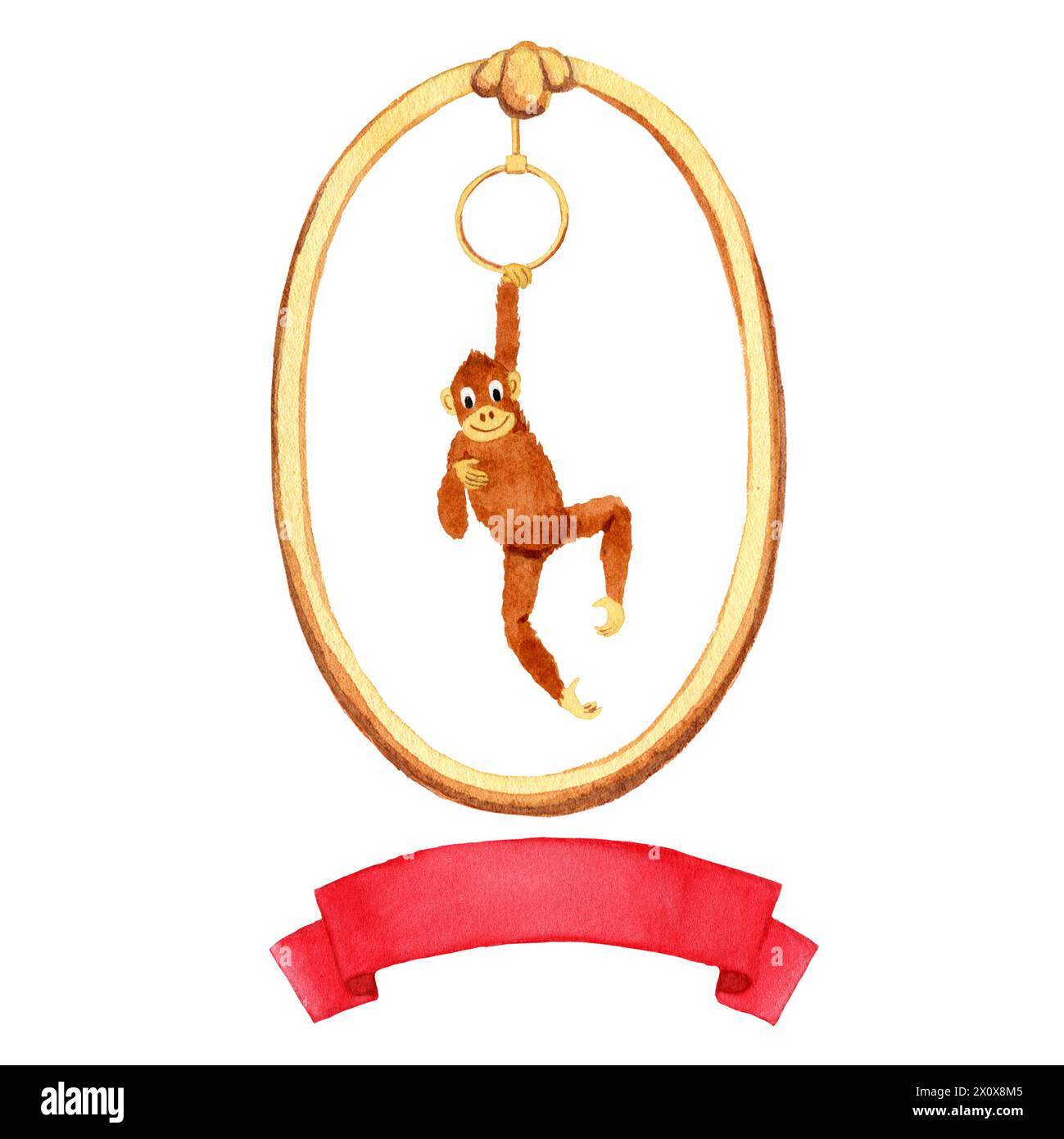 Watercolor frame with monkey and red ribbon for text. Hand drawn ...