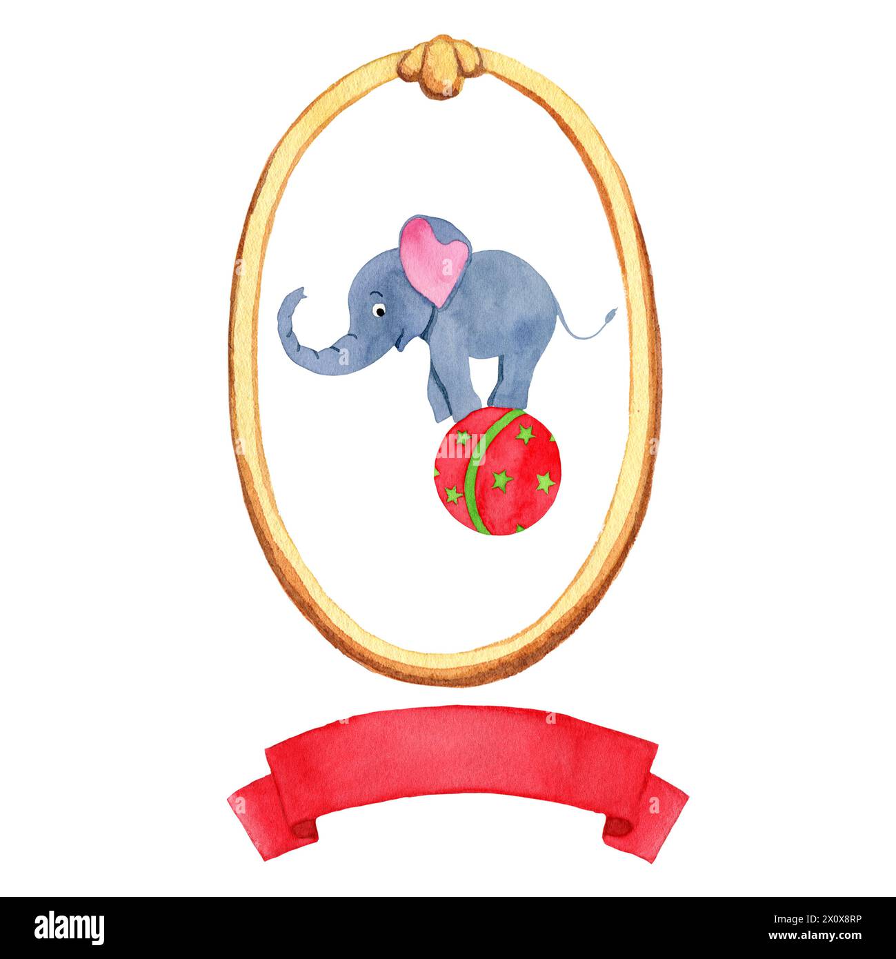 Watercolor frame with elephant on a ball and red ribbon for text. Hand ...