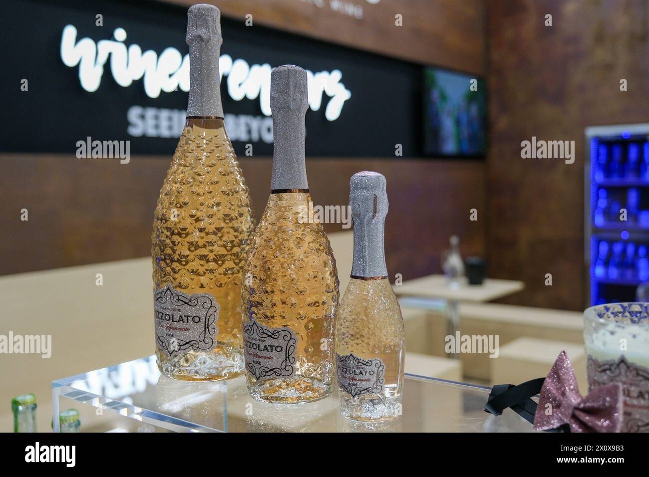 Bottles of Italian sparkling wines are on display at the 56th Edition of Vinitaly, International ...