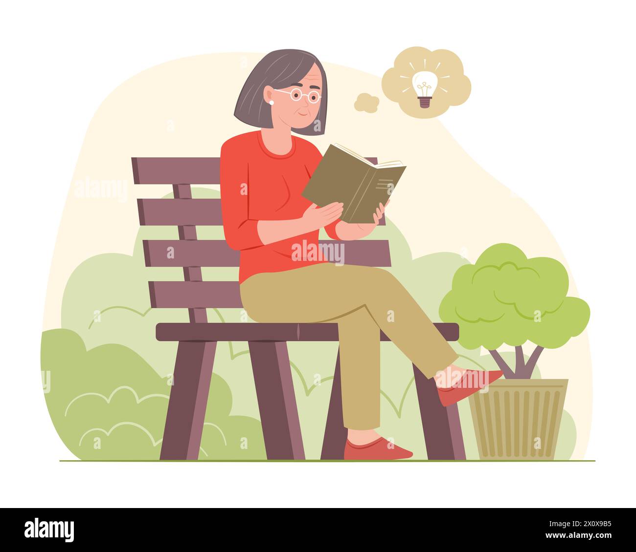 Senior Woman Reading A Book While Sitting On Bench In Garden Stock