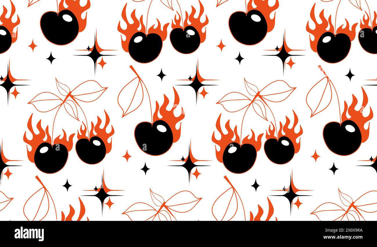 Cherry pattern y2k style. Cherry with burn fire flame background.Tattoo ...