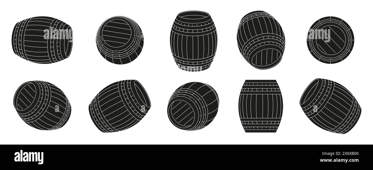 Black barrels. Wooden keg containers for alcohol storage, pub brewery ...