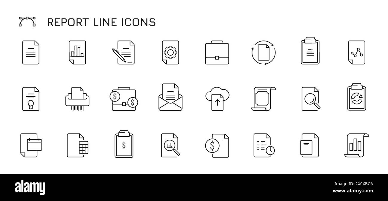 Report line icons. Check mark, tick, download and upload, data analyze ...