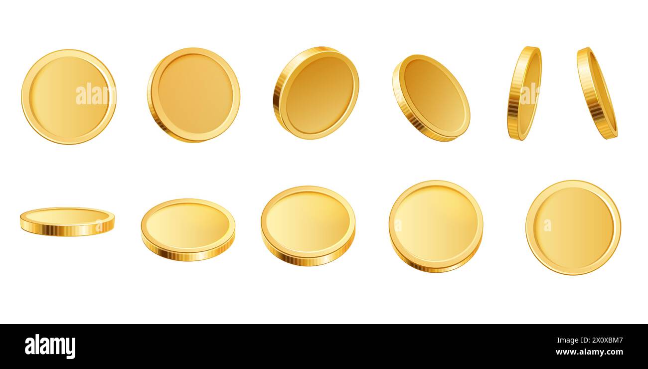 3D golden coins. Realistic blank yellow brass or gold coin different ...